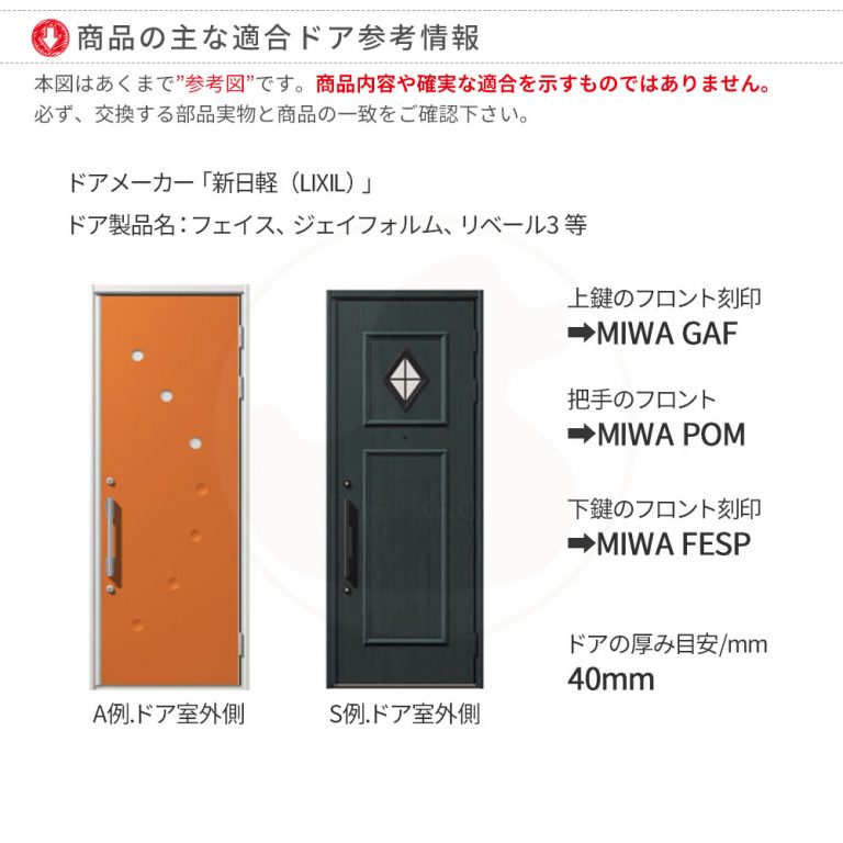 新日軽 シリンダーセット A8SD1222 / S8SD1222 扉厚40mm キー5本付 MIWA PSシリンダー仕様 2個同一キー【GAF FESP】【LIXIL SHINNIKKEI ...