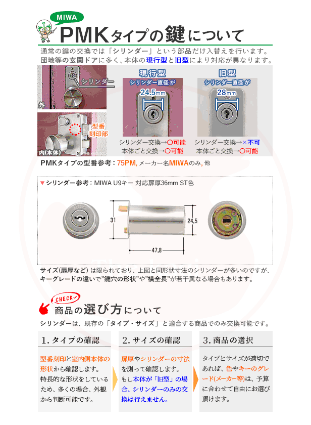 KABA カバスターネオ MIWA PMK用 シリンダー キー5本付 対応扉厚36mm【Kaba star neo 6149】【美和ロック PMK 75PM】 | The鍵堂