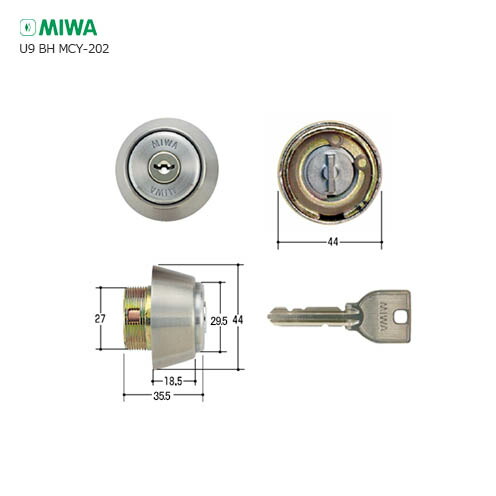[特殊仕様] 美和ロック U9シリンダー BHタイプ MCY-202 テール縦向き用(AL-HSV) 扉厚33-41mm ステンレスヘヤーライン色 キー3本付【MIWA U9 AL-HSV ...