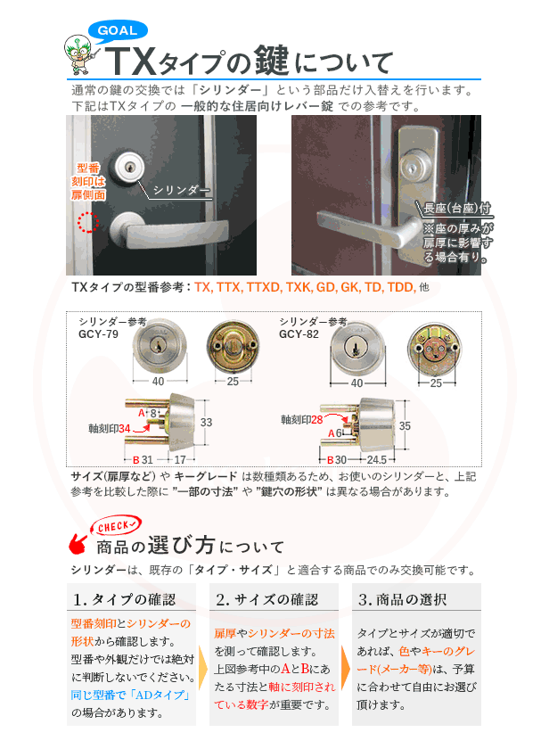 [テール刻印28] ゴール ピンシリンダー TXタイプ GCY-82 シルバー色 キー3本付【GOAL TXP 28-31 11 ｼﾙ】 | The鍵堂