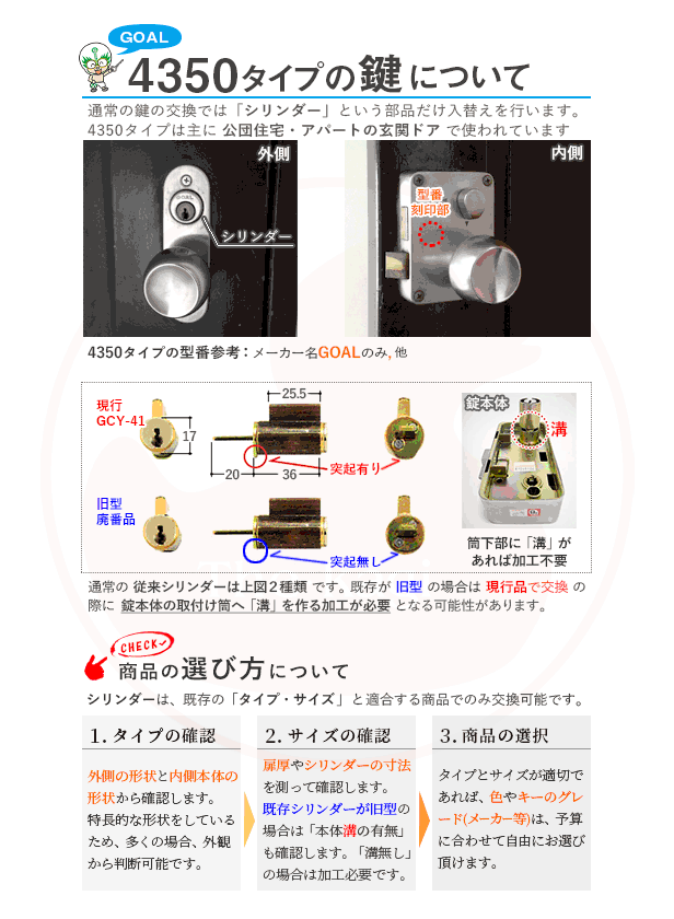 ゴール ピンシリンダー 4350タイプ カム卵型用 GCY-41 キー3本付【GOAL 4350 ｼﾙ】 | The鍵堂