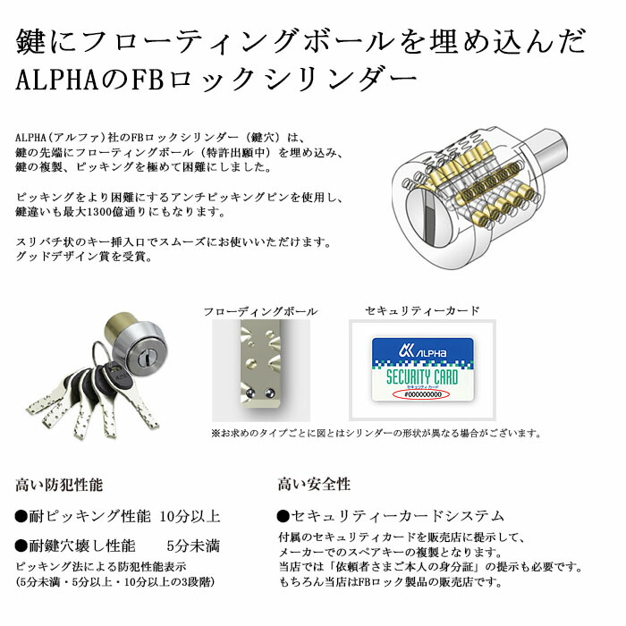アルファ FBロックシリンダー MIWA PMKタイプ 扉厚36mm キー5本付【ALPHA FBﾛｯｸ PMK用】【特殊ディンプルキー】 | The鍵堂