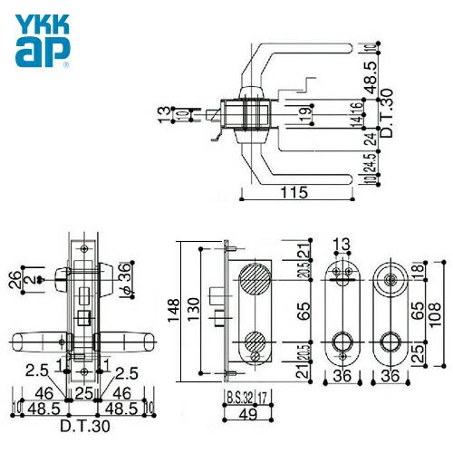 YKKap レバーハンドル錠セット J0536 DT30mm BS32mm キー3本付【左右兼用】【YKK 通風ドア エアリフレ 2KD-TF J-0536】【MIWA LZ U9】 | The鍵堂
